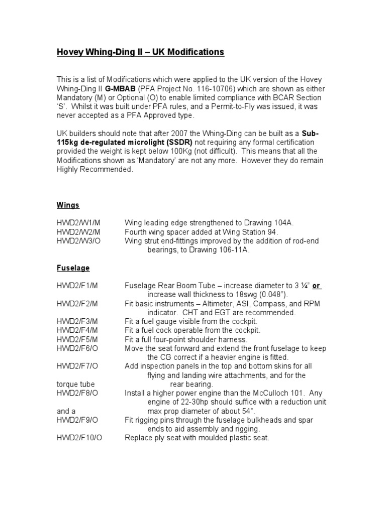 Hovey Whing-Ding II - UK Modifications: 115kg De-Regulated Microlight ...