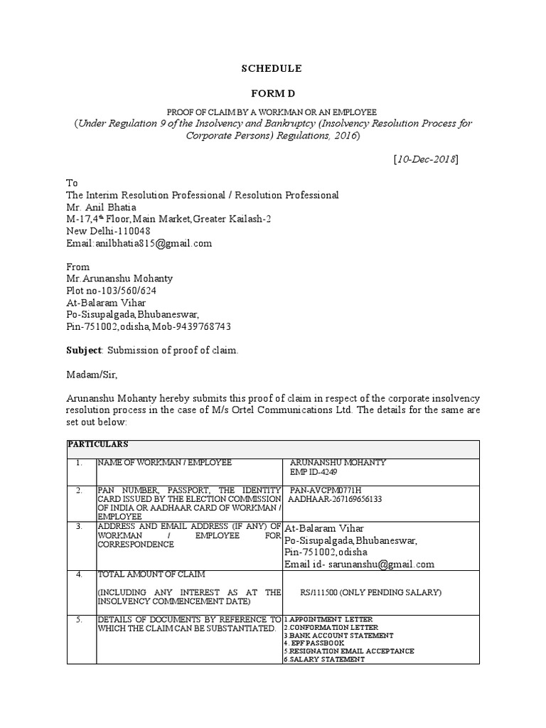Form D: Employee Claim Submission | PDF | Bankruptcy | Liability ...
