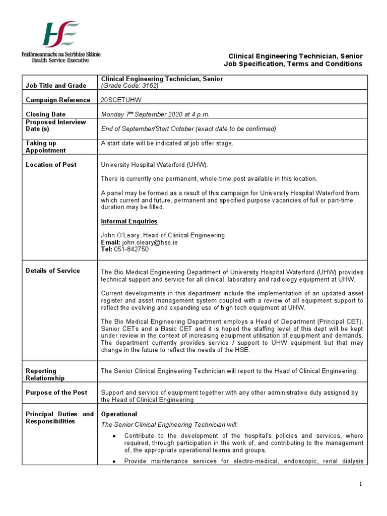 (Grade Code: 3162) : Clinical Engineering Technician, Senior Job ...