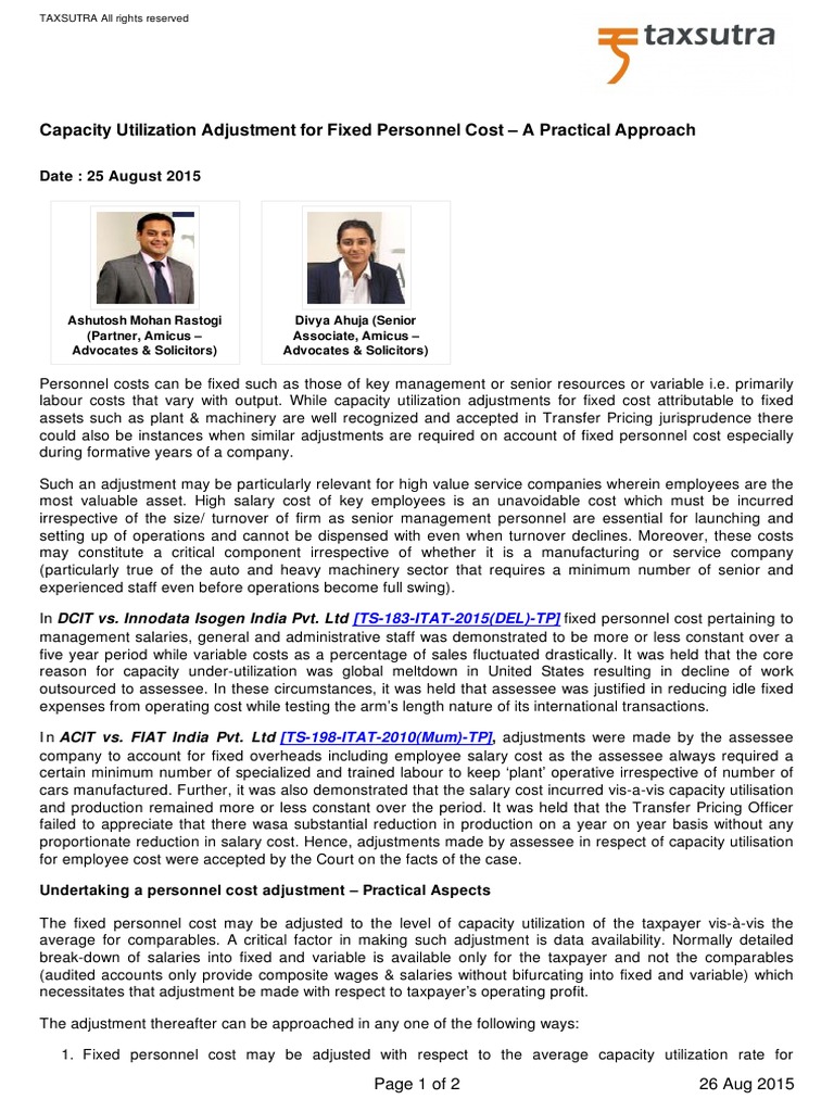Capacity Utilization Adjustment For Fixed Personnel Cost A Practical ...