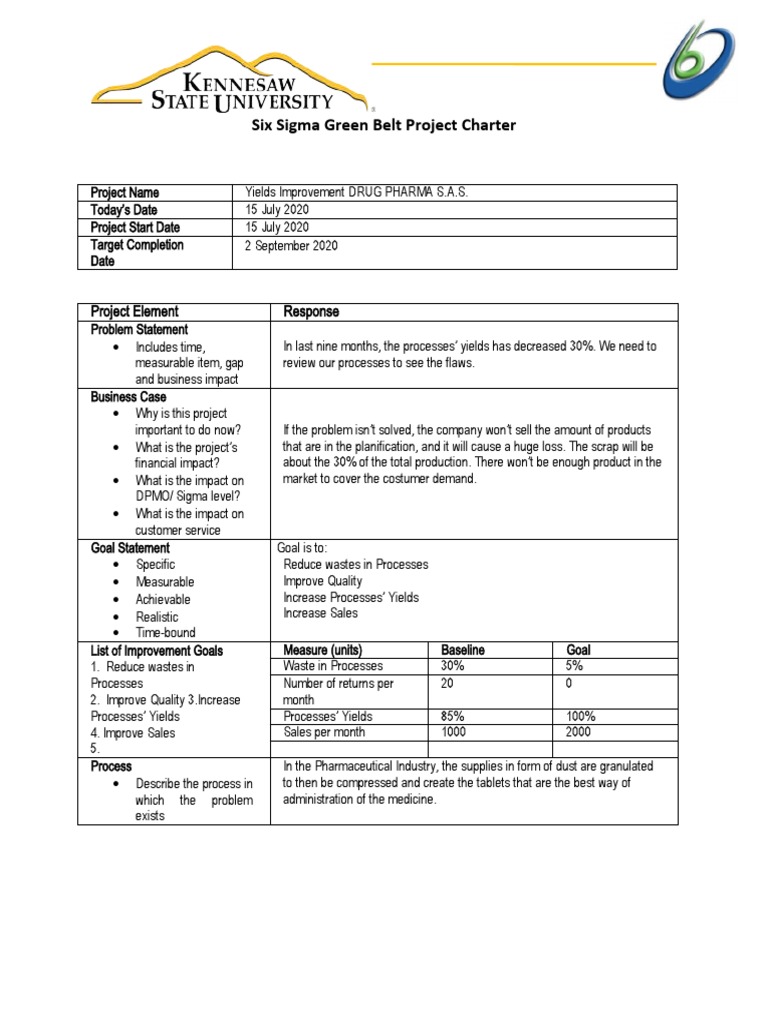 Six Sigma Green Belt Project Charter | PDF | Tablet (Pharmacy ...