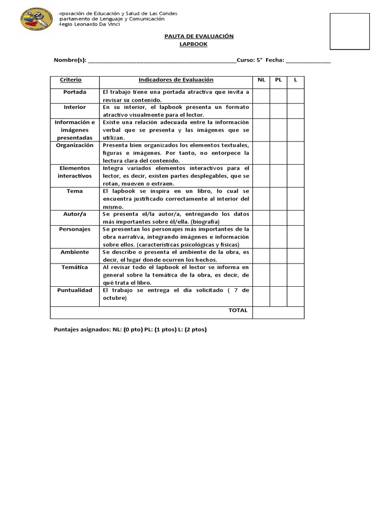 Pauta de Evaluación Lapbook | PDF Pauta de Evaluación Lapbook | PDF