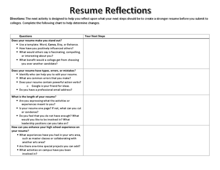 Resume Reflections Worksheet | PDF | Self-Improvement