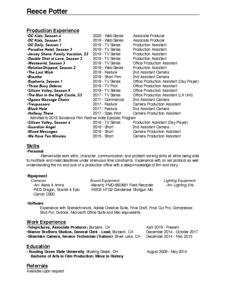 Reece Potter 2020 Production Resume Web | PDF | Career & Growth