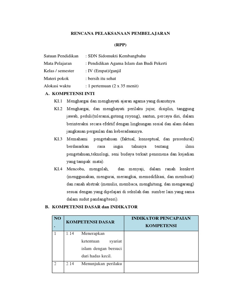 Contoh RPP Pai Kelas 4 Saat Pandemi Covid-19 | PDF