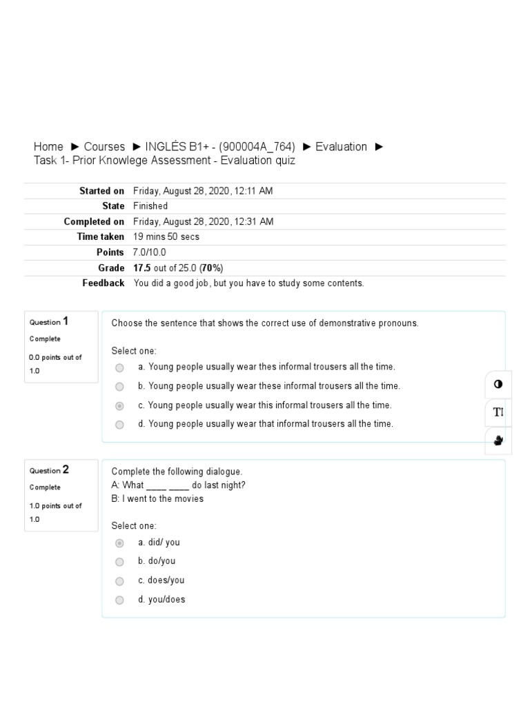 Task 1 - Prior Knowlege Assessment - Evaluation Quiz3 | PDF | Learning | Cognition