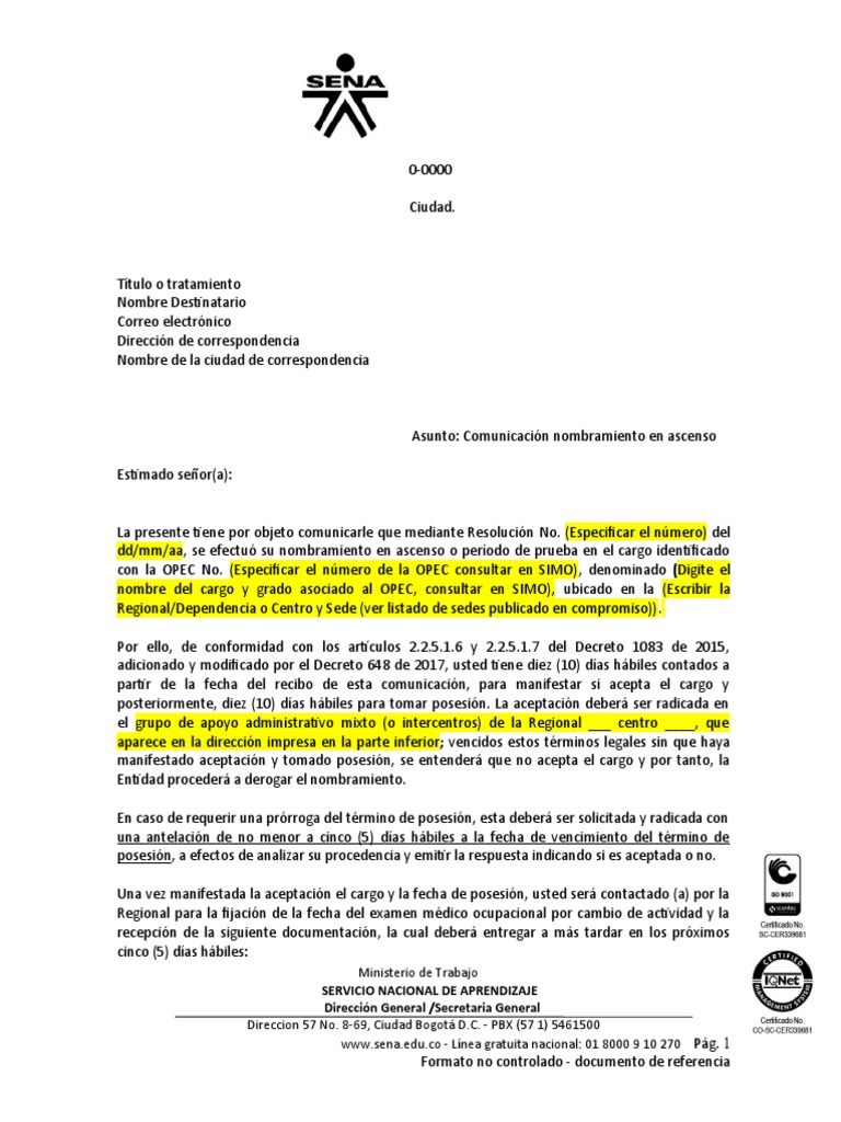 Carta De Intencion De Ascenso Laboral