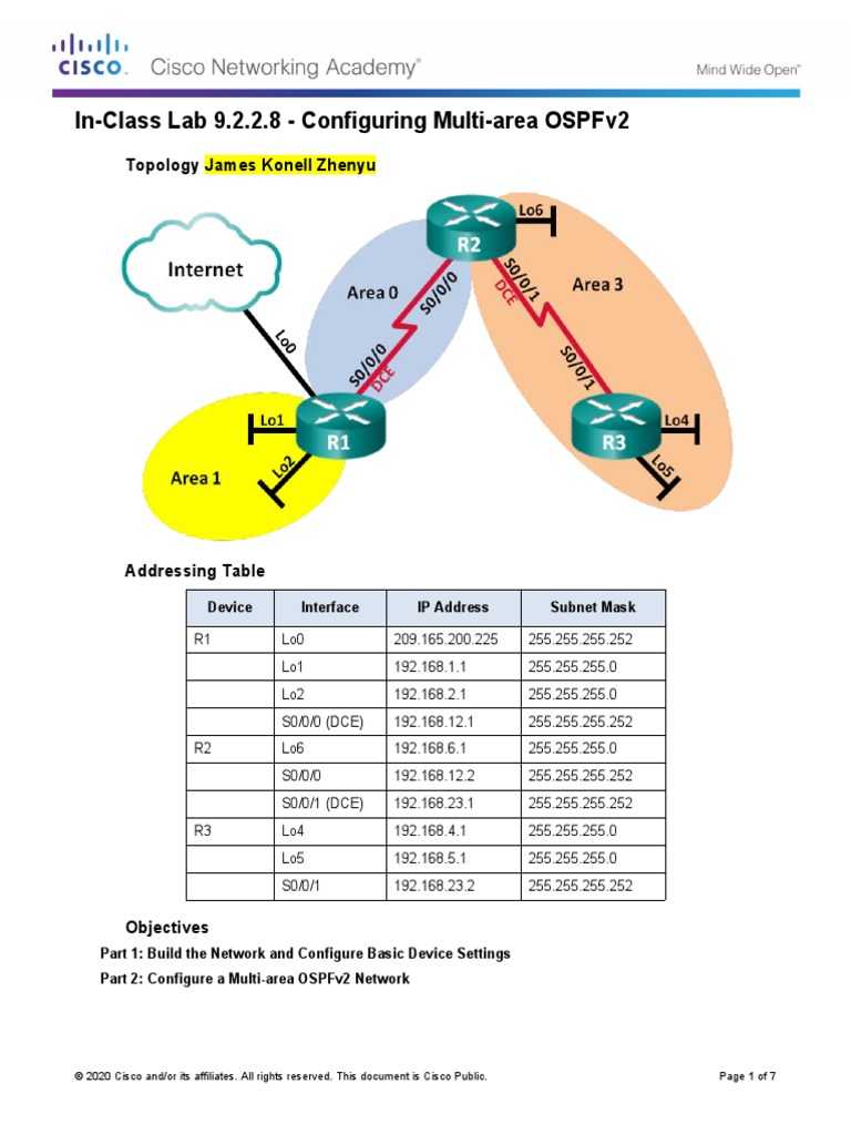 In-Class Lab 9.2.2.8 - Configuring Multi-Area Ospfv2: Topology James Konell Zhenyu | PDF ...