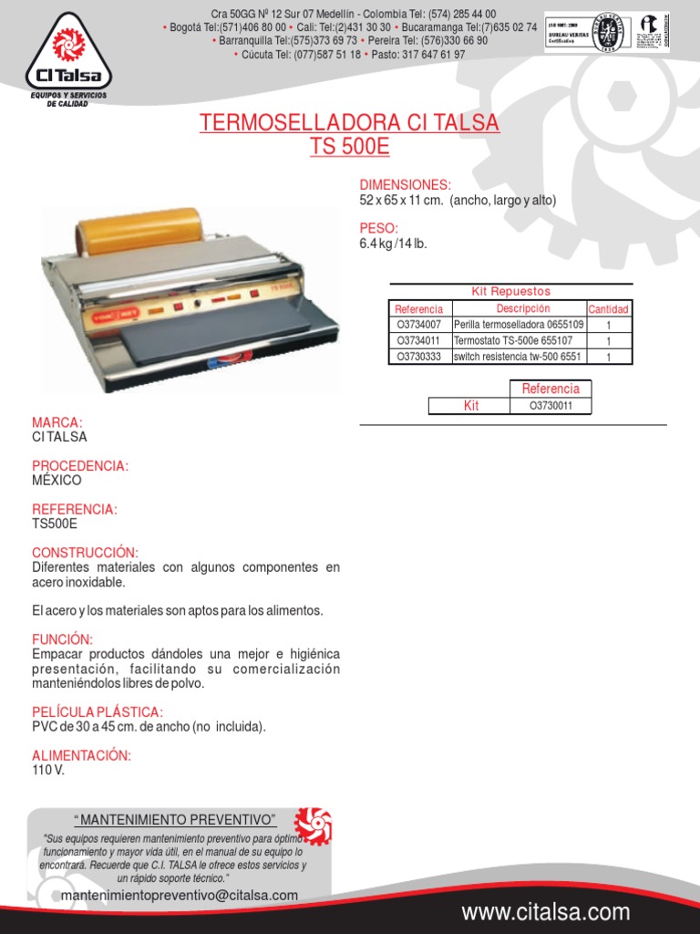 Termoselladora Ci Talsa Ts 500e 03701059 | PDF | Materiales | Materiales de construcción