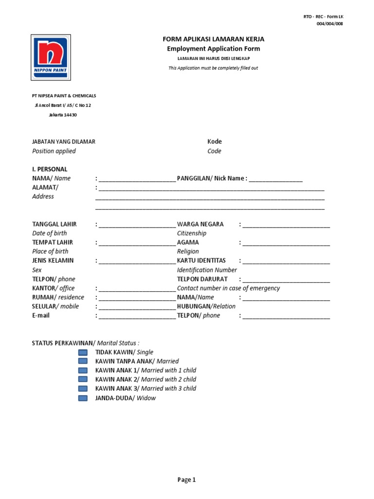 Form Lamaran Kerja Lengkap 2 New | PDF