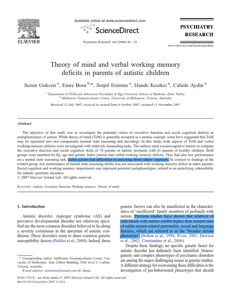 Theory of Mind and Verbal Working Memory Deficits in Parents of Autistic Children | PDF | Autism ...