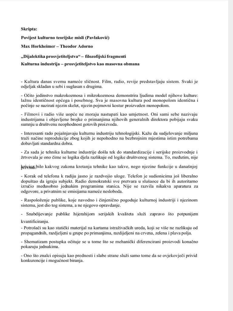 Dokumen - Tips - Horkheimer Adorno Dijalektika Prosvjetiteljstva Skripta | PDF