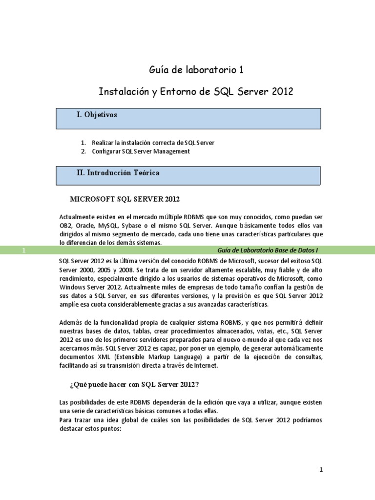 Guia de Laboratorio 1 Instalar SQL Server BDI | Descargar gratis PDF | Servidor SQL de Microsoft ...