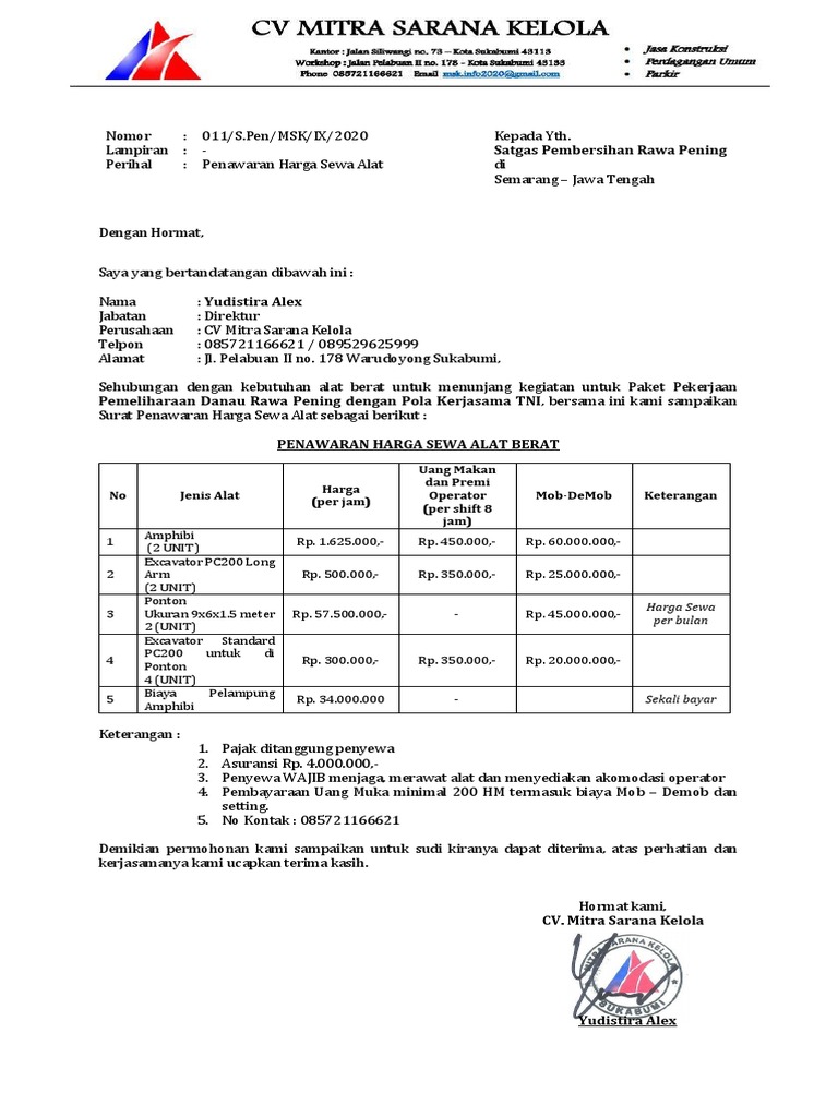 Surat Penawaran Harga Sewa CV MSK | PDF
