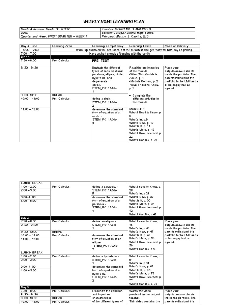 Grade 12 STEM Weekly Learning Plan | PDF | Analytic Geometry | Geometry