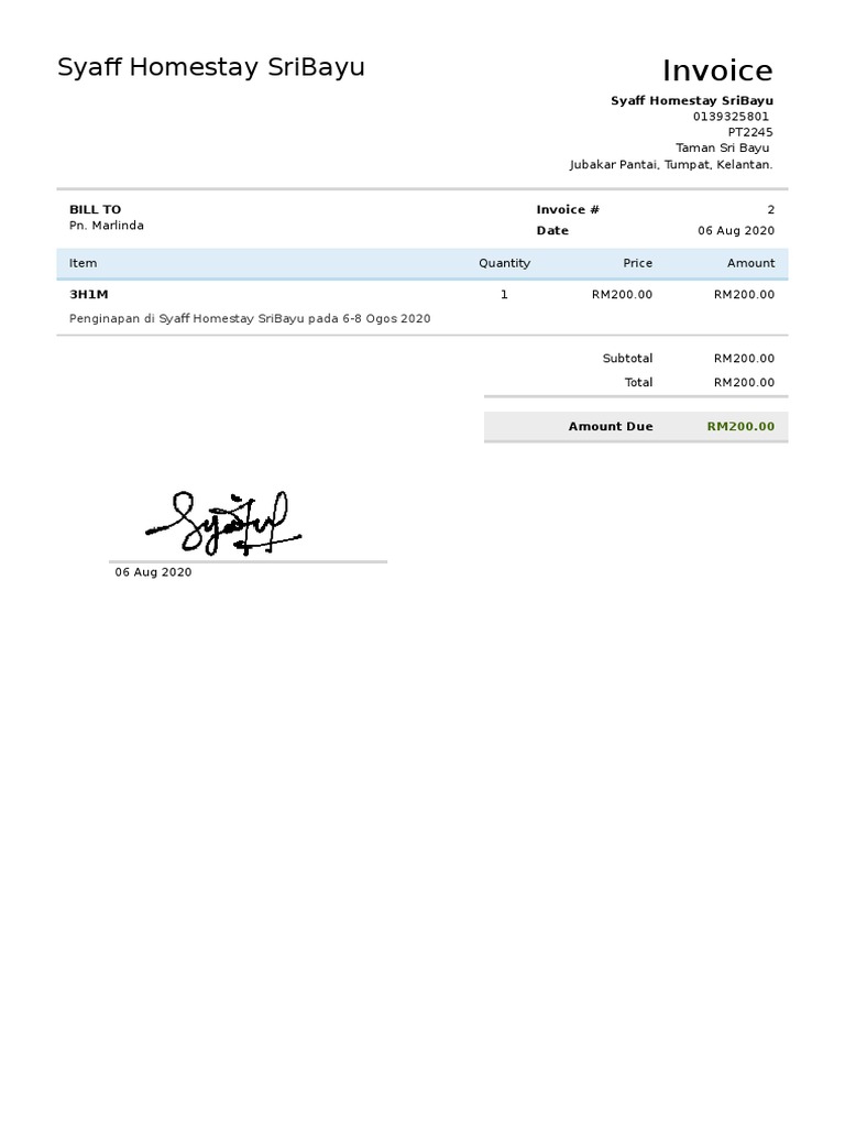 Syaff Homestay Invoice Sample | PDF