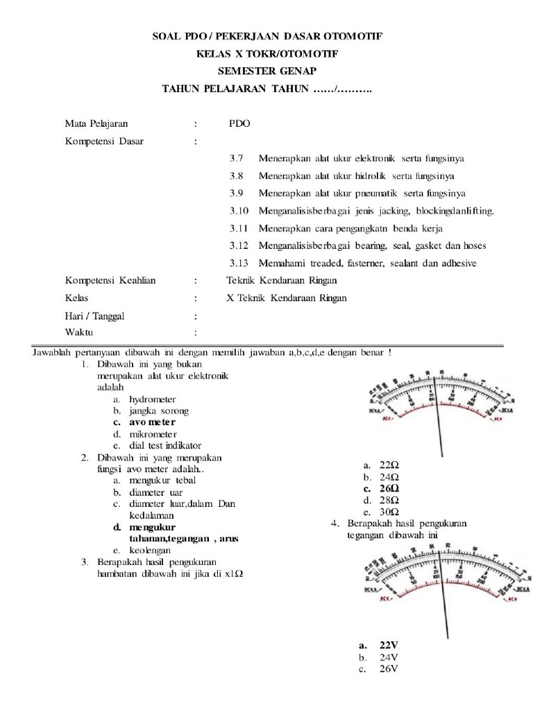 Soal Pdo Uas Kelas X Tokr Otomotif | PDF