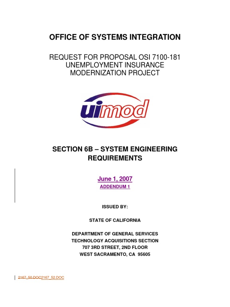 Office of Systems Integration: Request For Proposal Osi 7100-181 ...