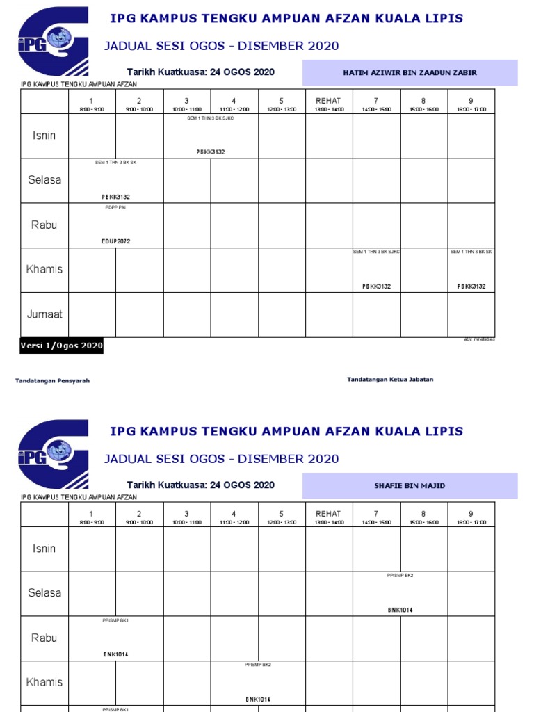 IPG Kuala Lipis Timetable 2020 | PDF | Jazz