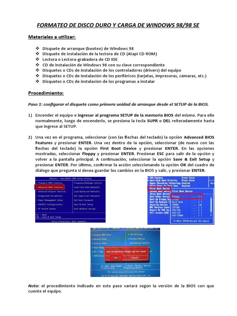 Formateo e instalación de Windows 98 en | PDF | Dos | Disco flexible