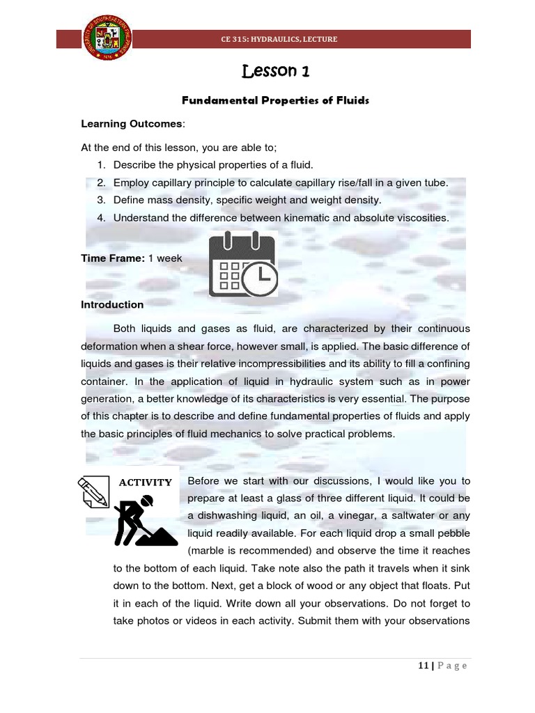 CE 315 - HYDRAULICS - Module 1 Lesson 1 | PDF | Liquids | Viscosity