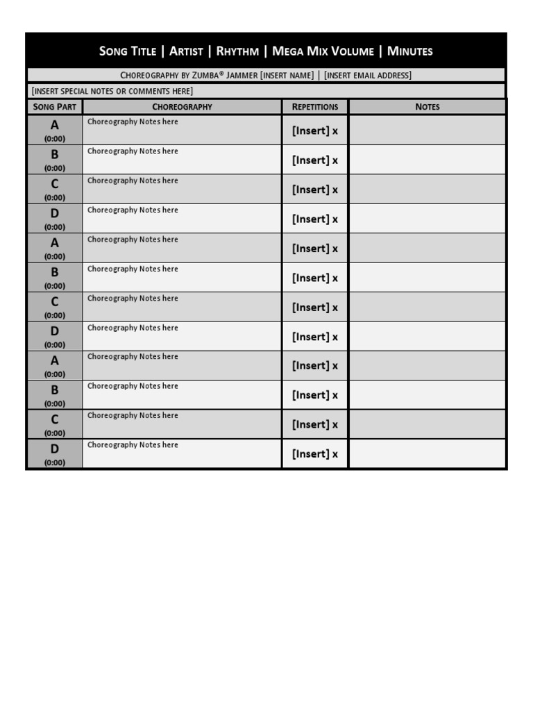 Zumba Choreography Notes Template | PDF