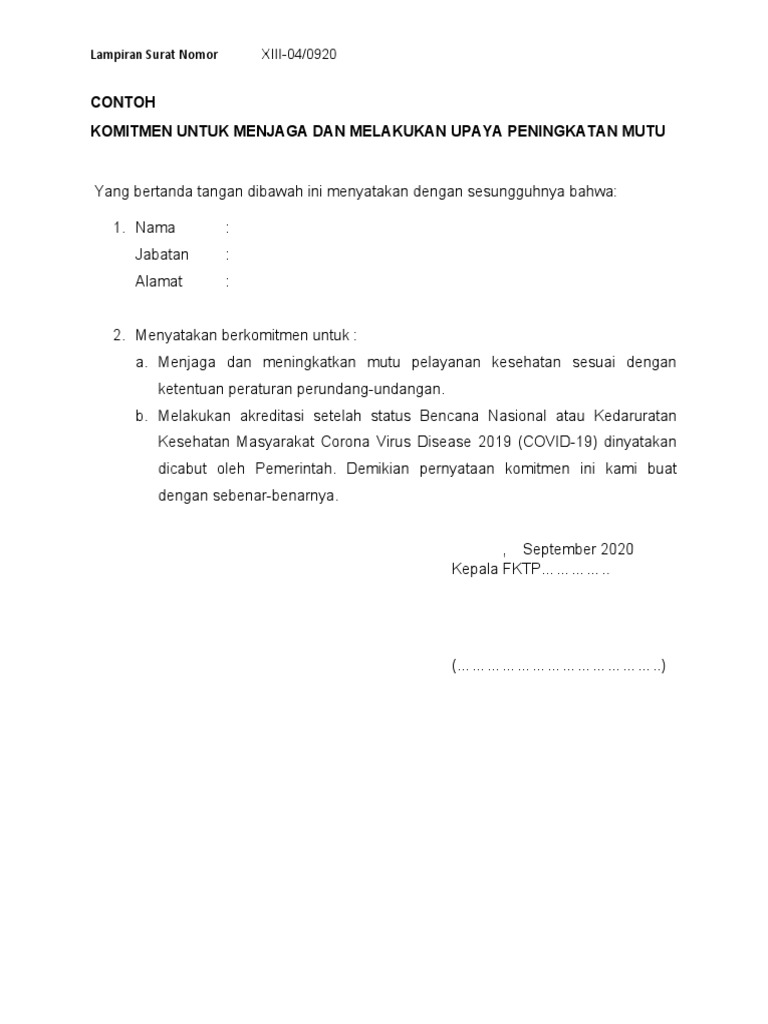 Contoh Komitmen Untuk Menjaga Dan Melakukan Upaya Peningkatan Mutu | PDF