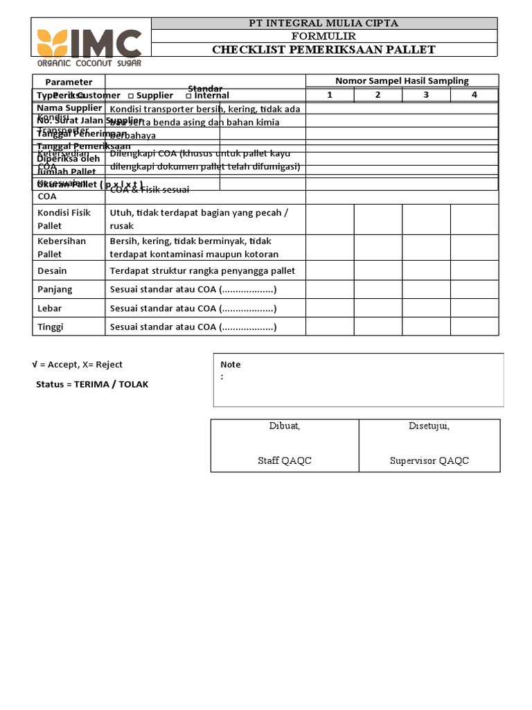 Checklist Pemeriksaan Pallet PT Integral | PDF