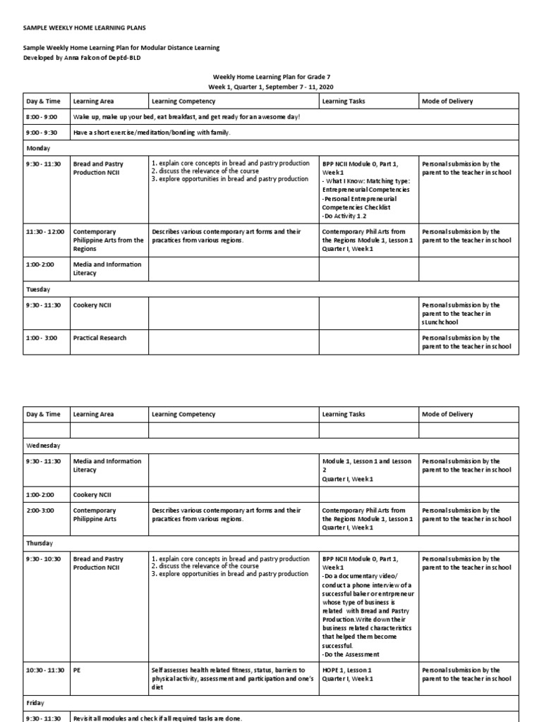 ROSAS.L3A1 - Sample Weekly Home Learning Plans | PDF | Teachers | Teaching