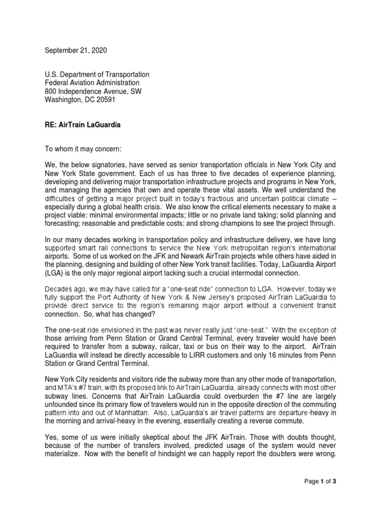 LaGuardia AirTrain Letter of Support To FAA 9-21-20 | PDF | La Guardia ...