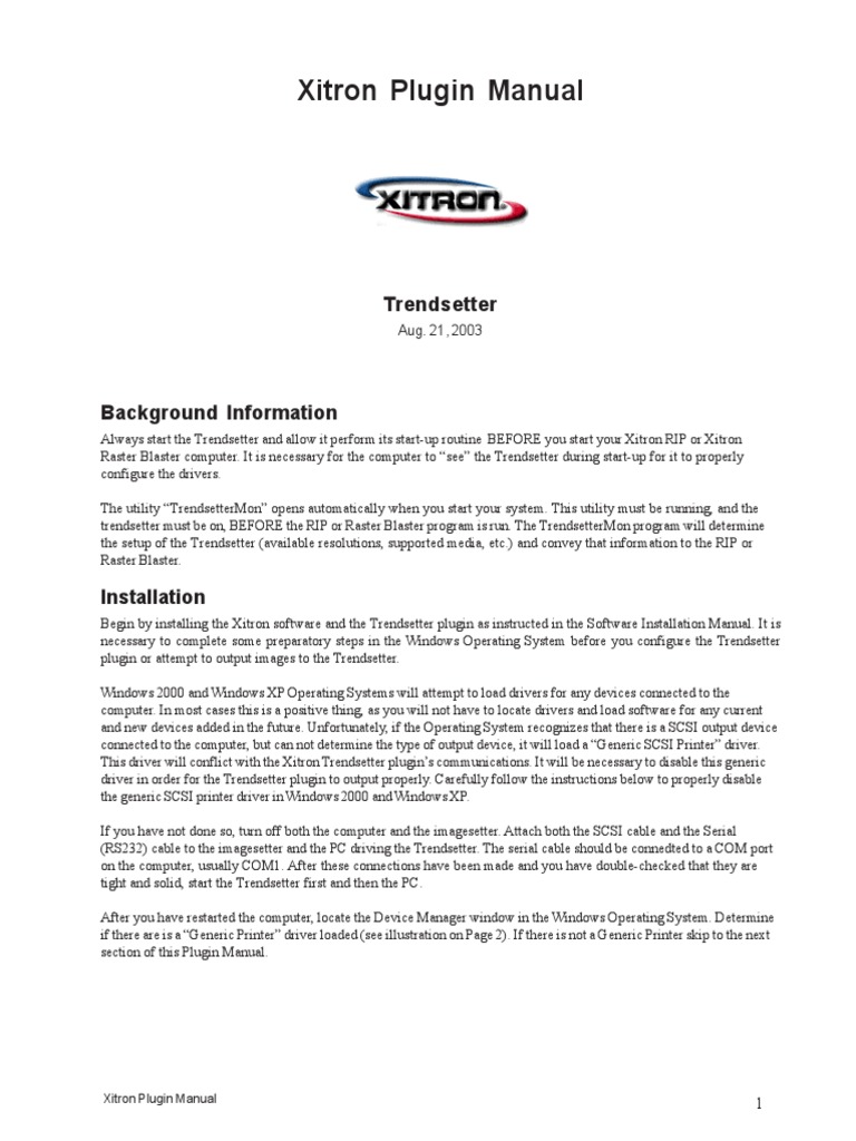Xitron Plugin Manual: Trendsetter | PDF | Device Driver | Operating System