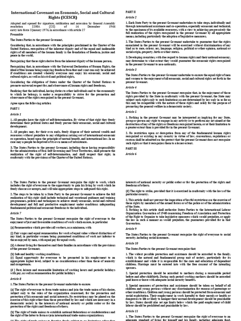 International Covenant On Economic, Social and Cultural Rights (ICESCR ...