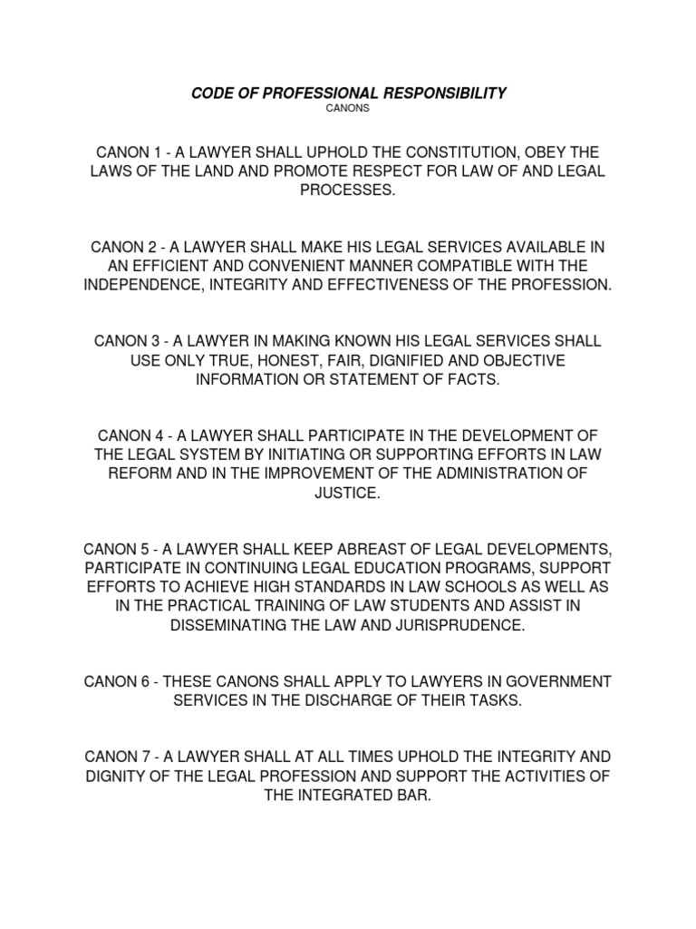 Code of Professional Responsibility: Canons | PDF | Lawyer | Practice ...