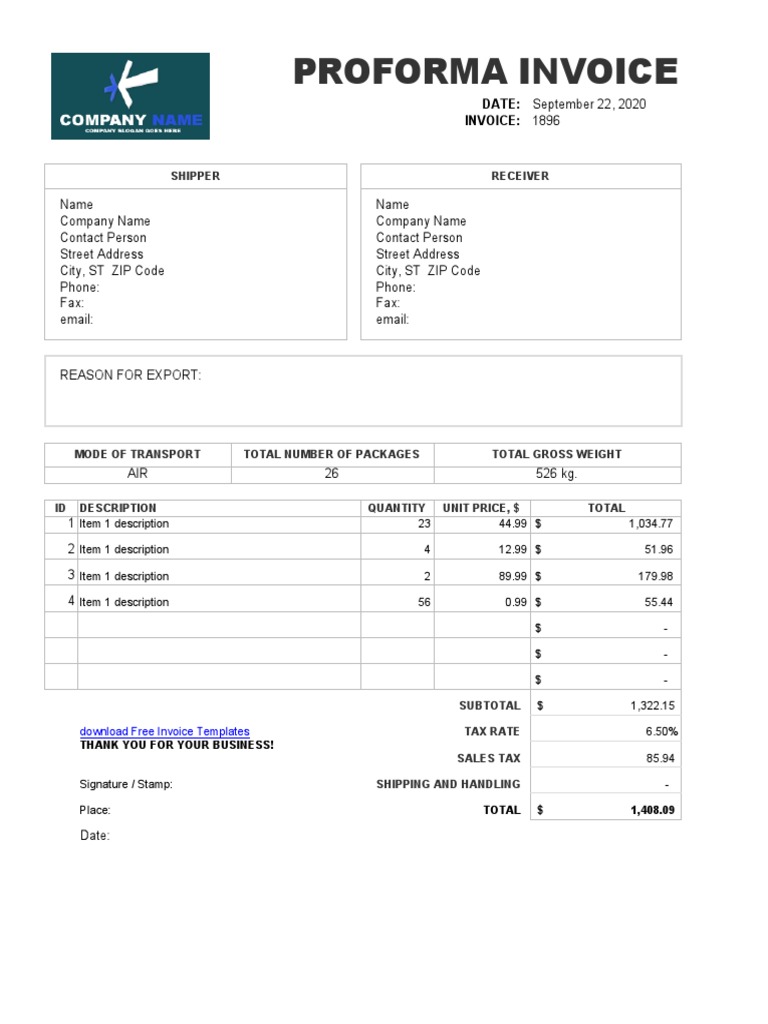 Proforma Invoice Template Calculates Total | PDF | Government Finances ...