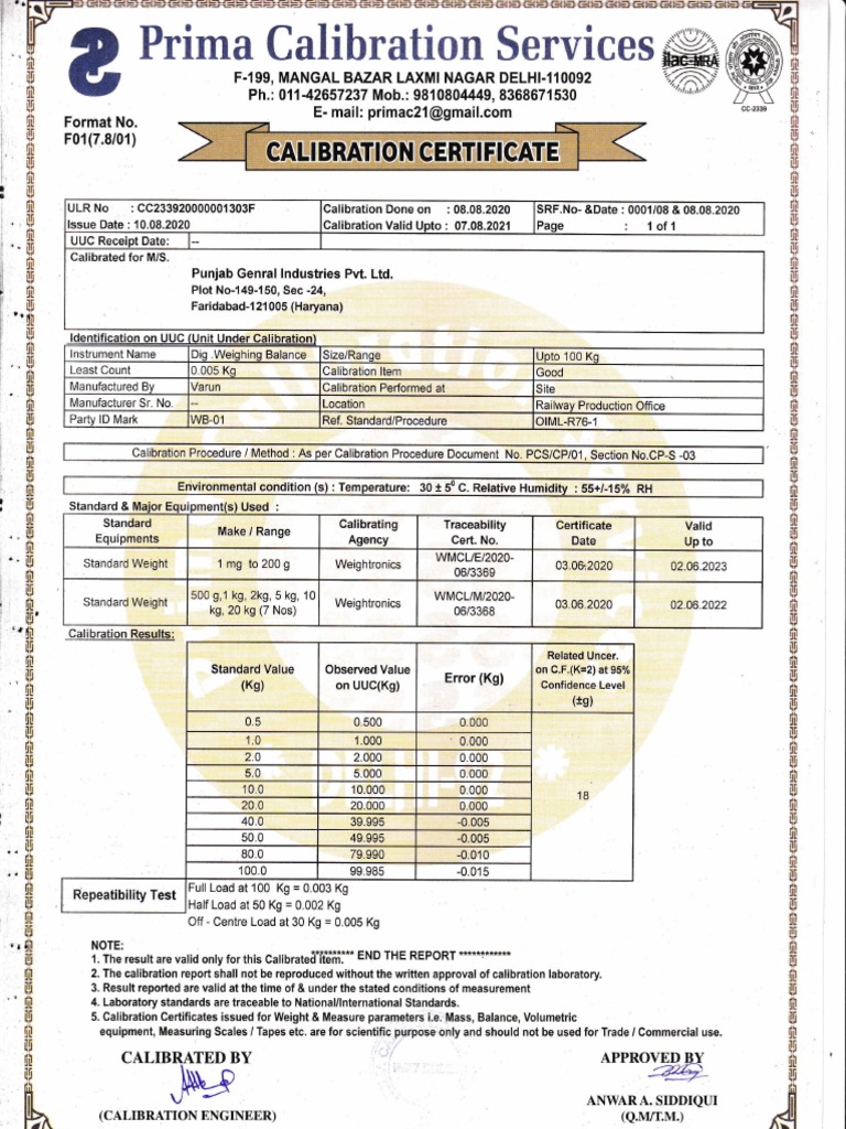 Weigh Balance Calibration Certificate | PDF | Calibration | Weighing Scale
