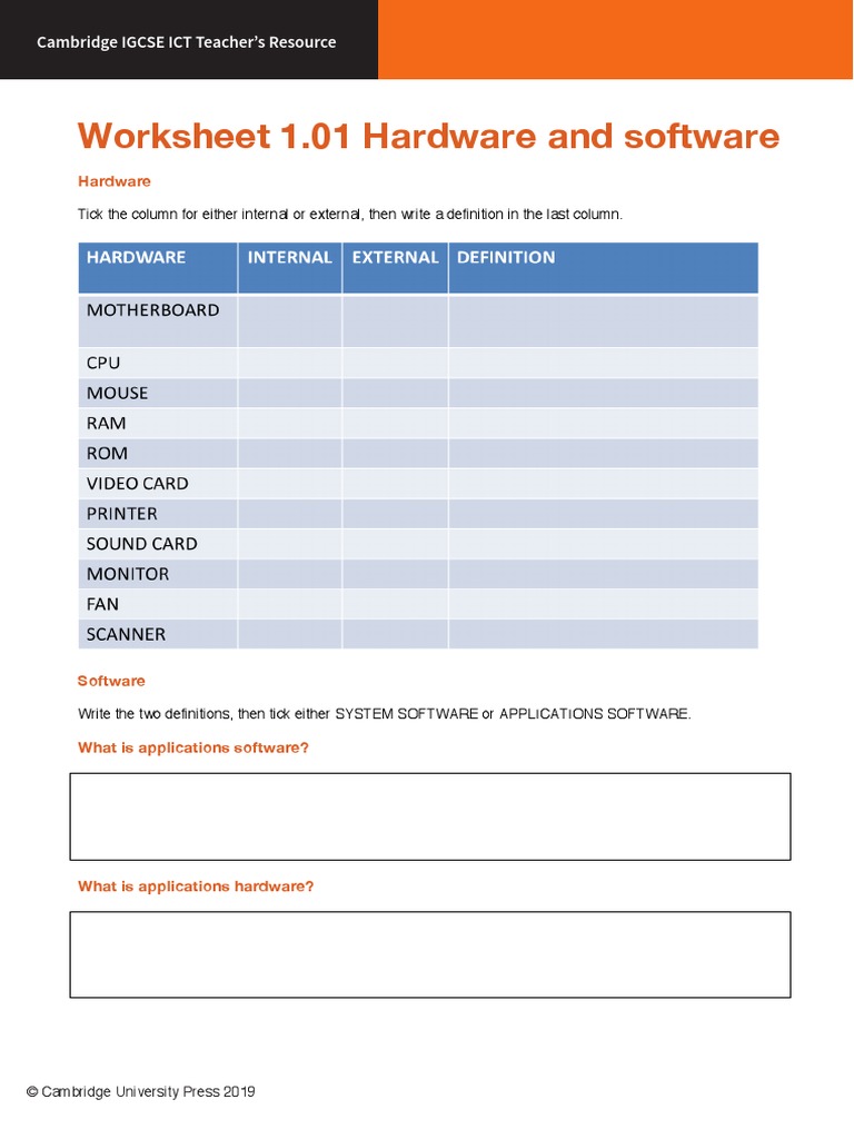 Worksheet 1.01 Hardware and Software: Cambridge IGCSE ICT Teacher's ...