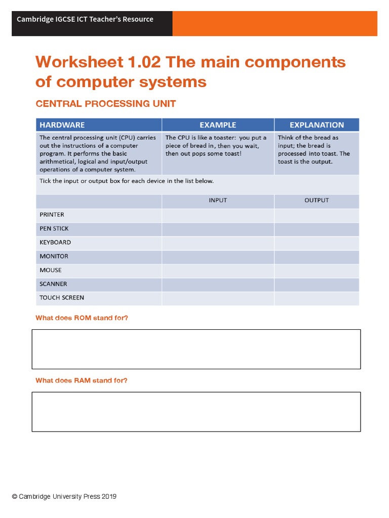 Worksheet 1.02 The Main Components of Computer Systems: Central ...
