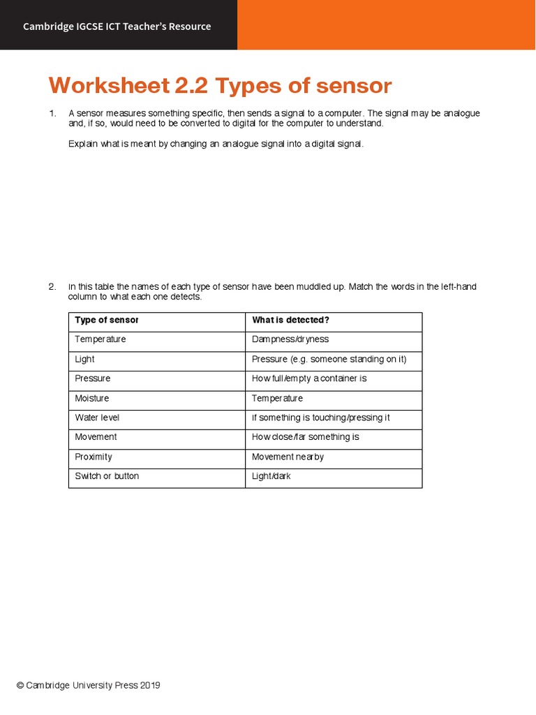 Worksheet 2.2 Types of Sensor: Cambridge IGCSE ICT Teacher's Resource | PDF