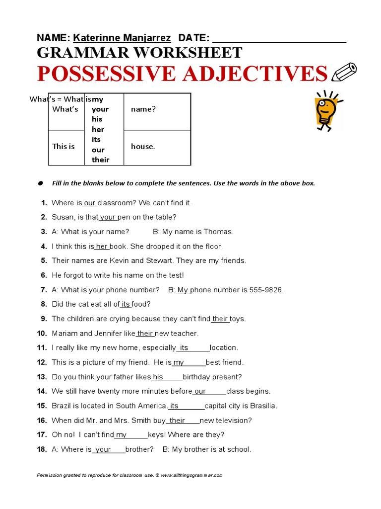 Possessive Adjectives: Grammar Worksheet | PDF | Language Arts & Discipline