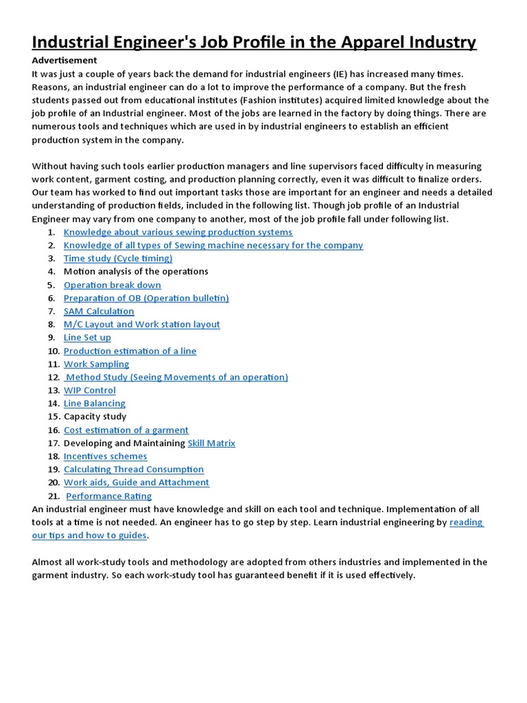 Industrial Engineer's Job Profile in The Apparel Industry ...