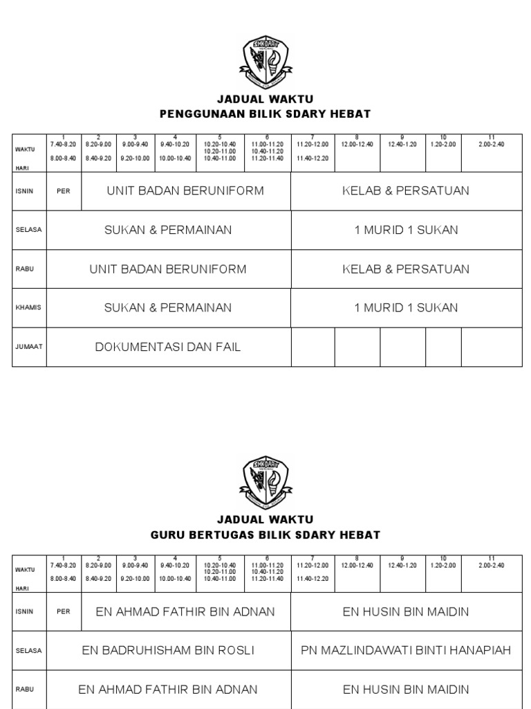 Jadual Penggunaan Bilik Sdary Hebat | PDF