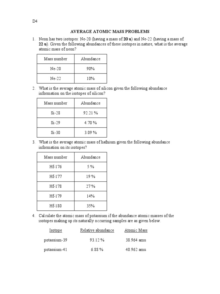 99a15292a8-AVERAGE ATOMIC MASS PROBLEMS | PDF