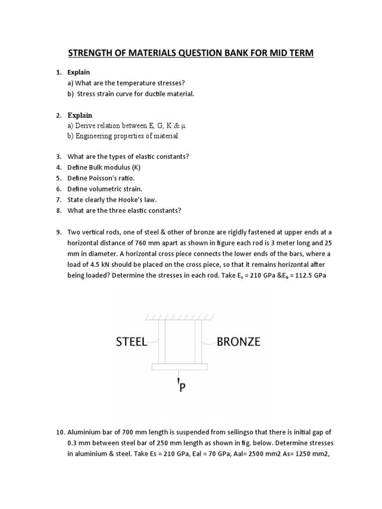 Strength of Materials Midterm Question Bank | PDF