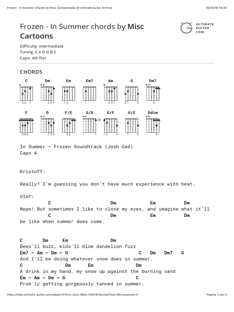 Frozen - in Summer Chords by Misc Cartoonstabs at Ultimate Guitar ...