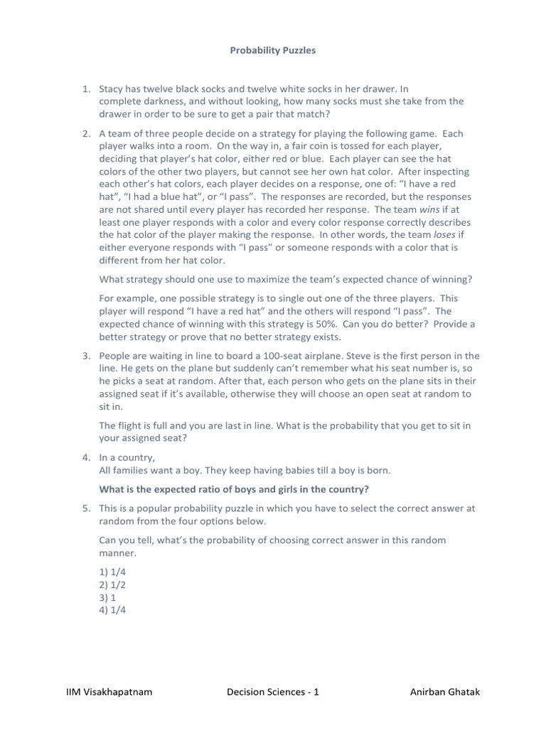 Probability Puzzles PDF | Download Free PDF | Odds | Teaching Mathematics