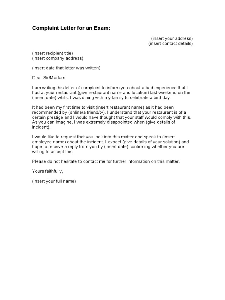 Exam Complaint Letter Template | PDF