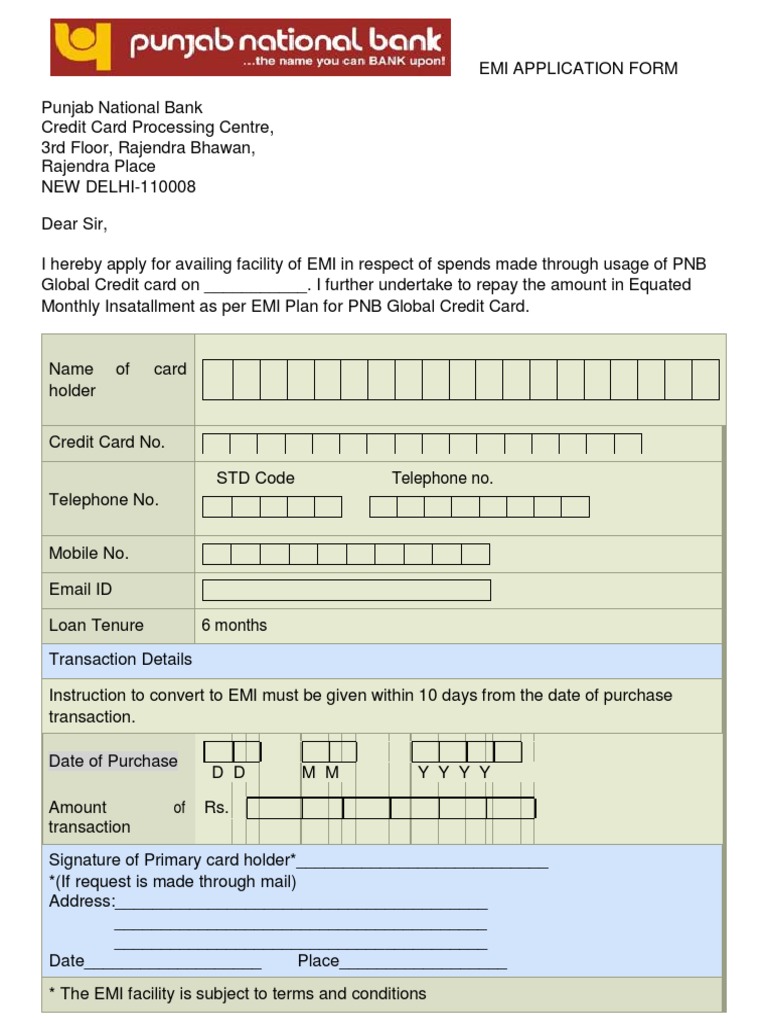 PNB EMI Application Form Guide | PDF | Credit Card | Financial Transaction