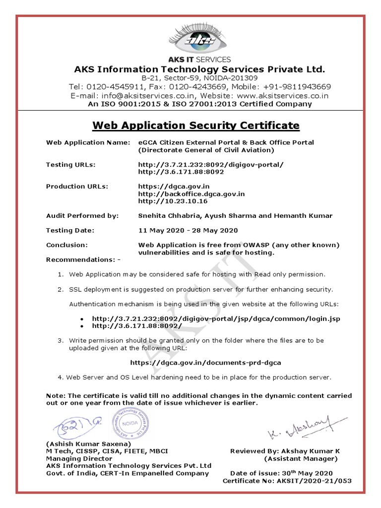 STQC Web Application Security Certificate PDF | PDF