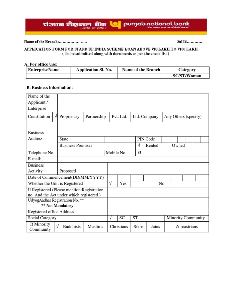 Stand Up India Application Form PDF | PDF | Credit | Finance & Money ...