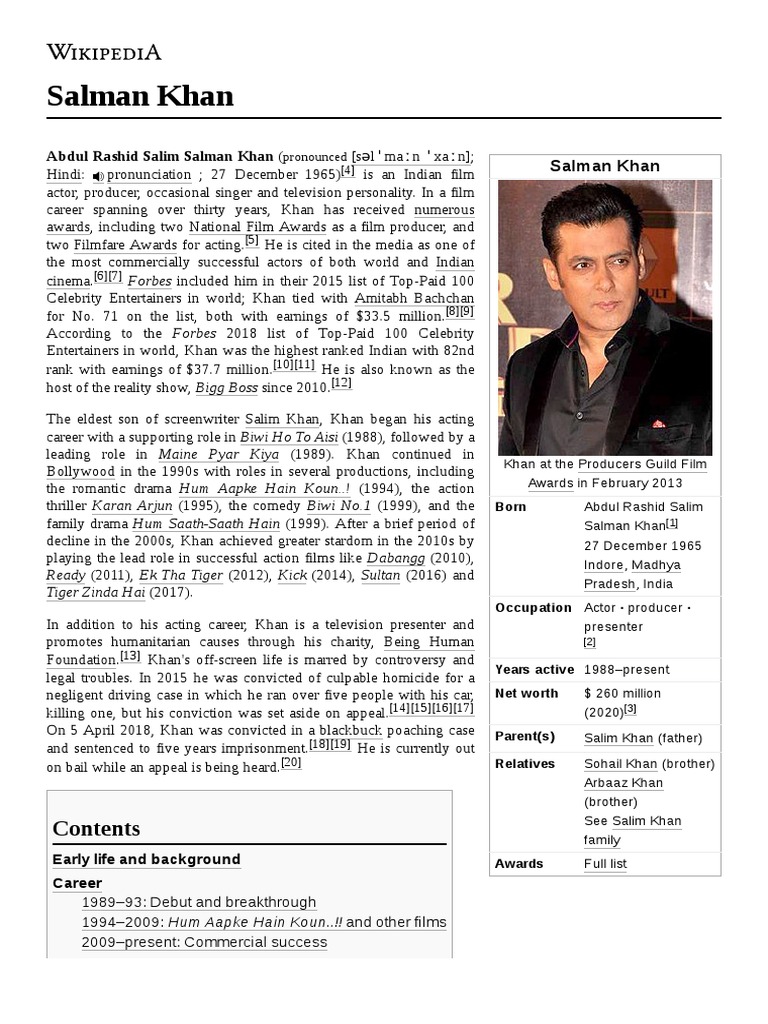 Abdul Rashid Salim Salman Khan ( | PDF | Cinema Of India | Bollywood